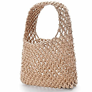 Hand-woven Soft Tote Crochet bag Cotton Rope with Leather Base Net Bag Boho Purse Wovens Bag