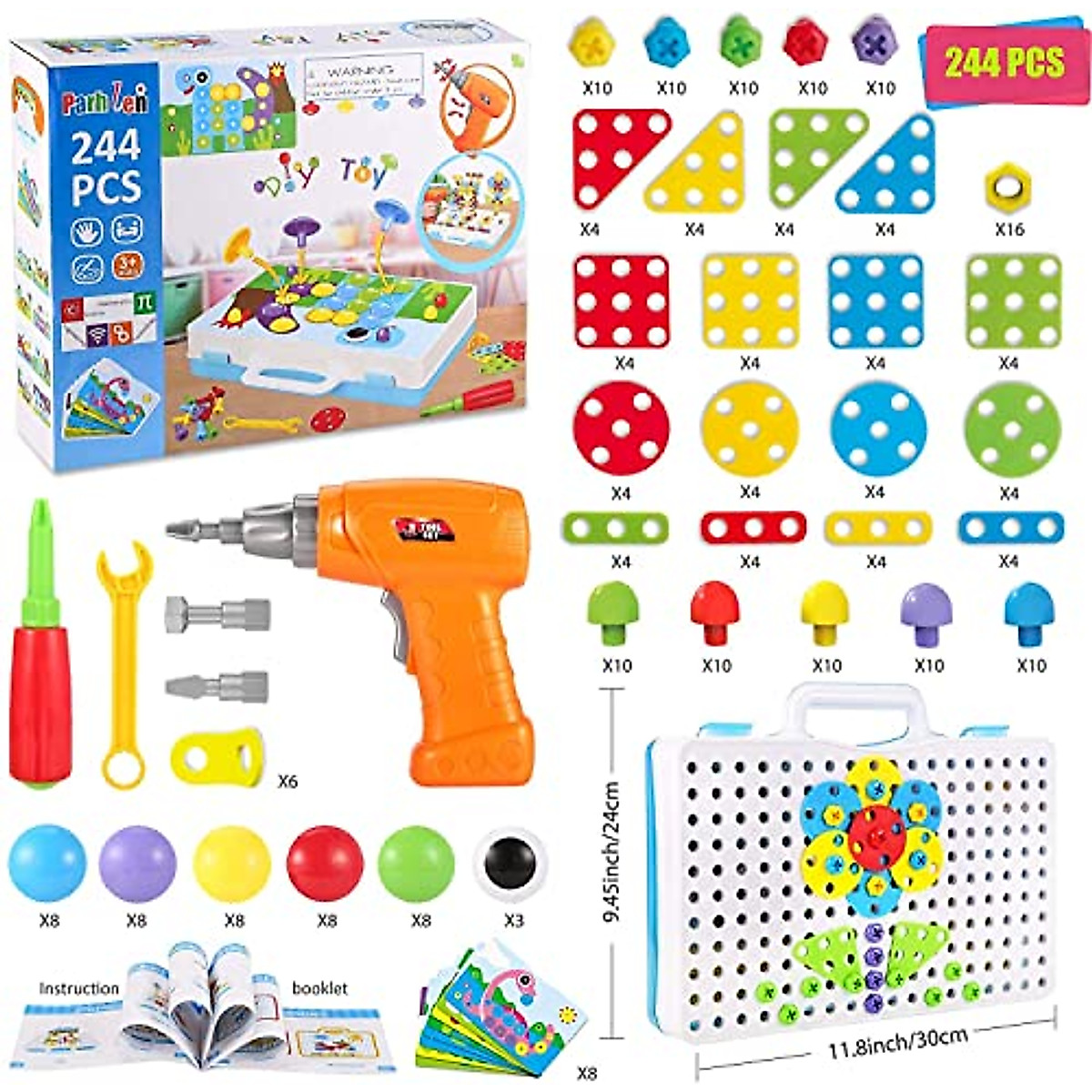 Parhlen Educational Toys Building Blocks, 244 Pieces Electric Screwdriver DIY Building Toys for Boys and Girls, Educational Construction Building kit for Kids Ages 4 5 6 7 8 9 10 Year Old