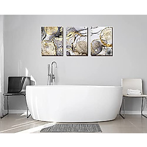 Gold Abstract Wall Art 3 Pieces Modern Framed Artwork Black and White Grey Gold Fluid Ink Annual Rings Pictures Canvas Prints Painting for Living Room Bedroom Kitchen and Office Wall Decor Home Decor