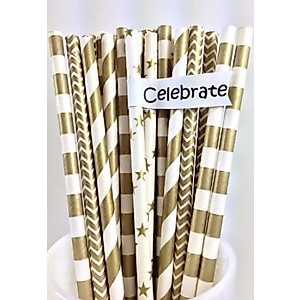 METALLIC GOLD, Vintage Paper Drinking Straws - HOLIDAY VALUE PACK - 4 Designs - 100 CT. by Twilight Parties
