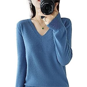 Cashmere Sweaters for Women,Essential V Neck Long Sleeve Pullover Sweater Classic-Fit Lightweight Knit Top for Fall Winter(XL,Blue)