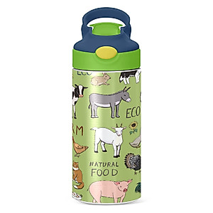Kigai Farm Animals Kids Water Bottle, BPA-Free Vacuum Insulated Stainless Steel Water Bottle with Straw Lid Double Walled Leakproof Flask for Girls Boys Toddlers, 12Oz