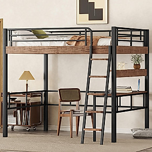 Full Size Loft Bed with Desk and Storage Shelf, Metal Loft Bed Full Size with Wider Ladder and Full Length Guardrail, Full Size Loft Bed for Kids, Teens, Full Size Loft Bed Black+Natural
