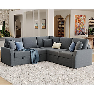 Jocisland Sofa Bed, 85 Inch Sleeper Sofa with Pull Out Bed & Storage Seat, Oversized L Shape Sectional Sofa for Living Room Apartment, Grey Linen Reversible Couch