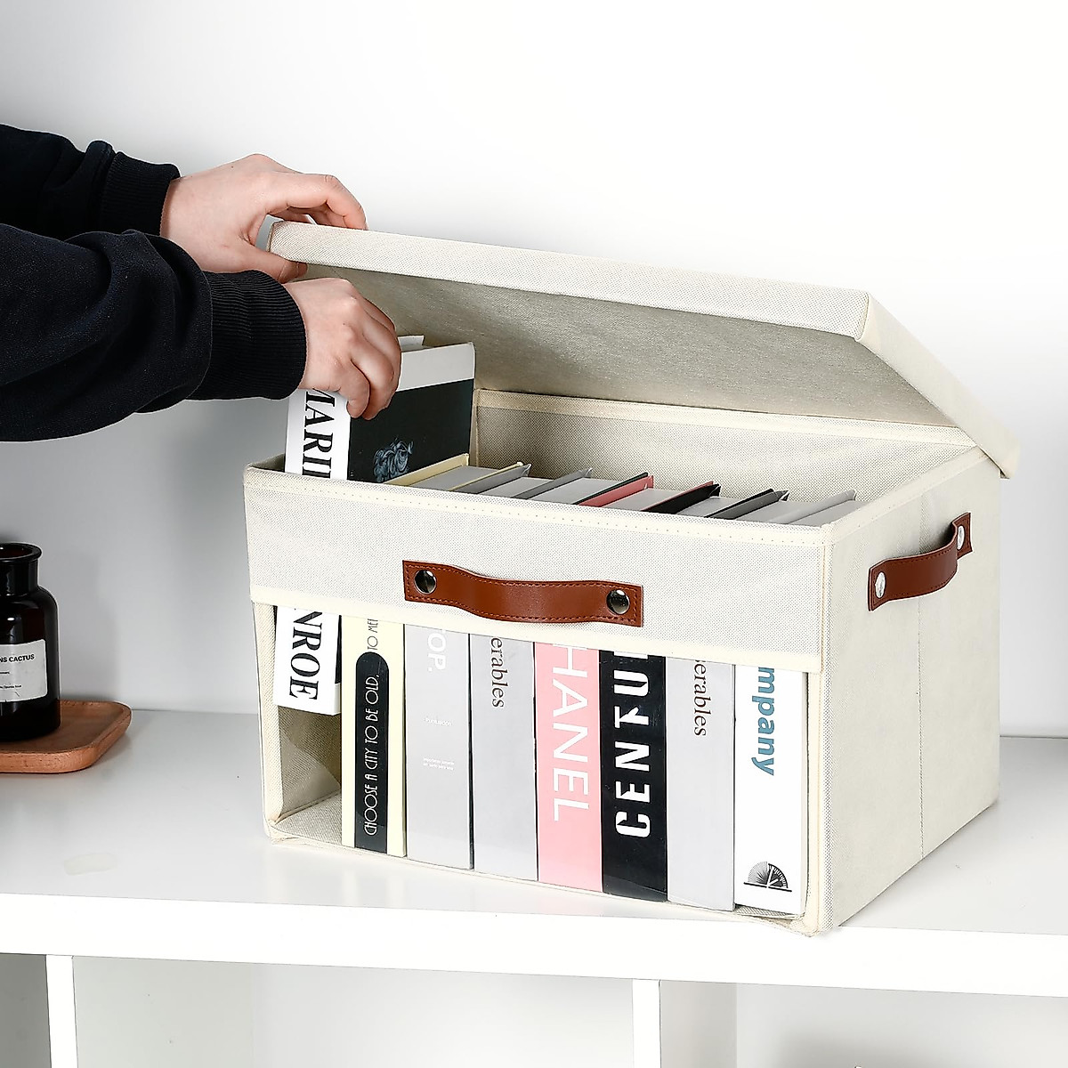 Bidtakay Collapsible Storage Bins with Lid Storage Cubes with Clear Window 15 x 11 inch Fabric Closet Organizer with Handles Storage Baskets for Shelves Organization Clothes 4-Pack Ivory