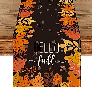 Artoid Mode Hello Fall Maple Leaves Orange Black Table Runner, Seasonal Fall Harvest Vintage Kitchen Dining Table Decoration for Indoor Outdoor Home Party Decor 13 x 72 Inch