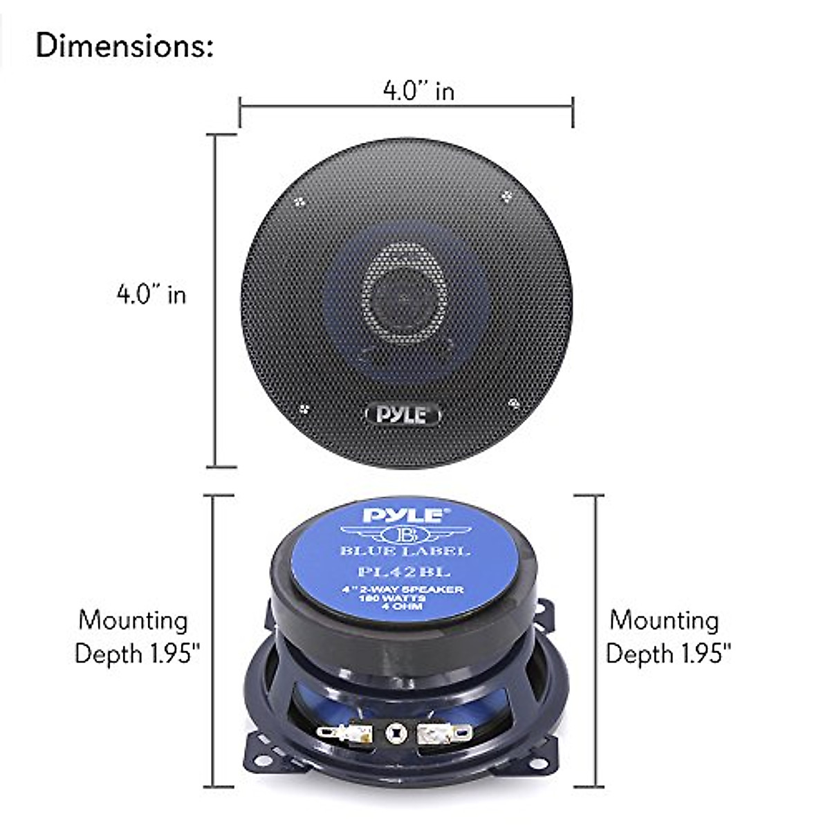 Pyle 4" Car Sound Speaker (Pair) - Upgraded Blue Poly Injection Cone 2-Way 180 Watt Peak w/ Non-fatiguing Butyl Rubber Surround 110 - 20Khz Frequency Response 4 Ohm & 3/4" ASV Voice Coil - PL42BL