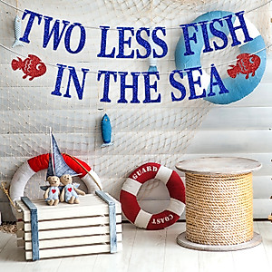 Two Less Fish in the Sea Banner, Engagement Party Beach Wedding Party Decor, Nautical Sea Theme Bridal Shower, Funny Bachelorette Party Decorations (Blue Glitter)