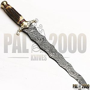 PAL 2000 KNIVES SW-8888 Handmade Damascus Steel 20 Inches Vivi Hunting Knife Stag Horn Handle with Sheath