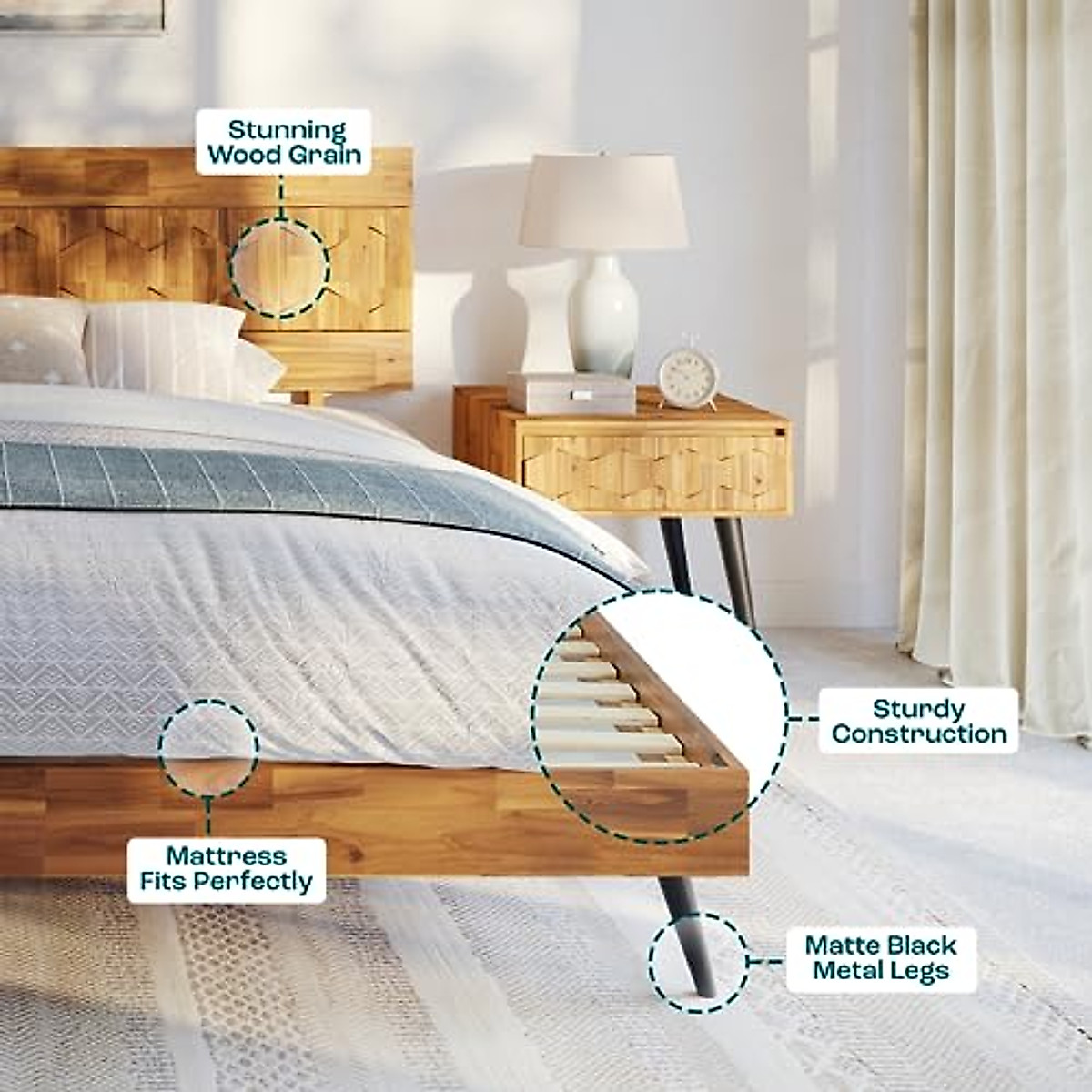 Bme Georgina Queen Bed Frame and Headboard, Handcrafted Geometric Pattern Solid Wood Platform Bed Frame, No Box Spring Needed, 12 Strong Wood Slats Support, Easy Assembly, Teak Brown