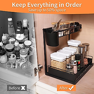 Lonffery Under Sink Organizers and Storage, Under Sink Shelves with Pull out Sliding Drawers, 2 Tier Cabinet Organizer with 4 Hooks and Hanging Cup for Bathroom and Kitchen, Black