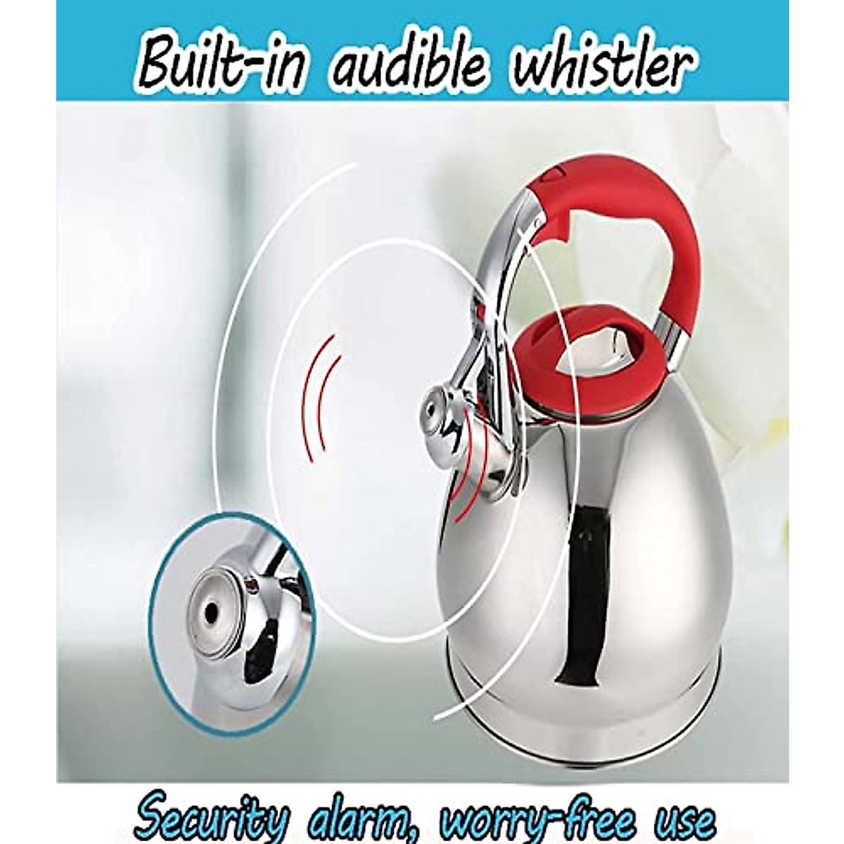 Stovetop Tea Kettle Whistling Teapot Tea Kettle Stainless Steel Whistling Kettle 3L Hot Water Boiler Kettle Kitchen Stovetop Hot Kettle Tea Kettle Teapot Stove Top Kettle Tea Pot ( Color : Red , Size