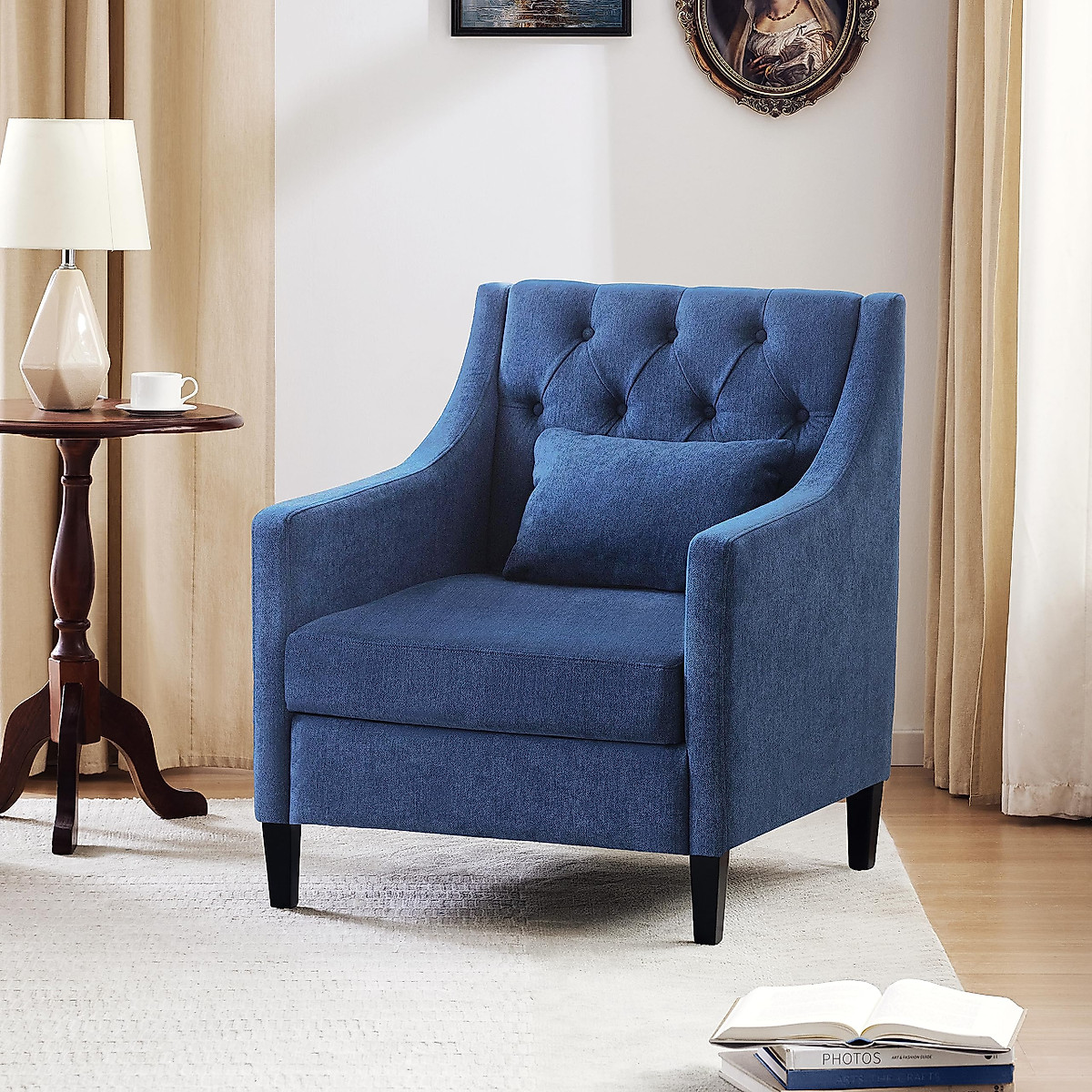 HUIMO Upholstered Living Room Chairs, Accent Chairs with Solid Wood,Reading Chair for Bedroom,Tufted Armchair with Lumbar Pillow,Mid Century Sofa Chair,Comfy Club Chair (Navy Blue)