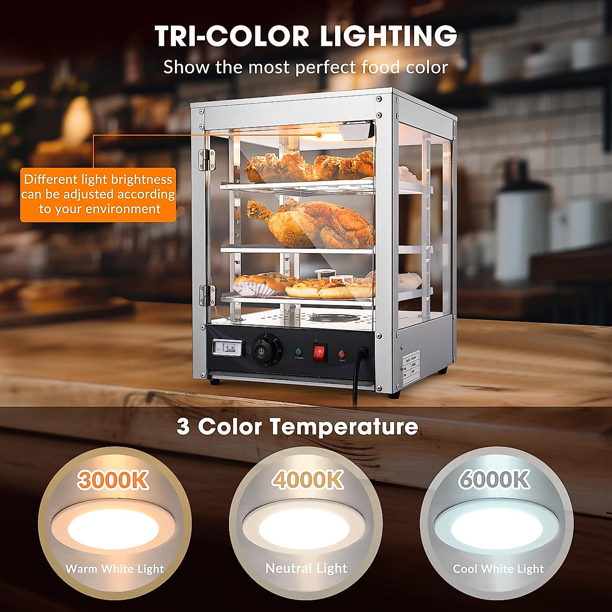 WeChef 15" 3-Tier Commercial Food Warmer Pizza Warmer Display Electric Countertop with LED Adjustable Lighting Stainless Steel Pastry Display Case for Fast Food Restaurant Food Truck Food Tent