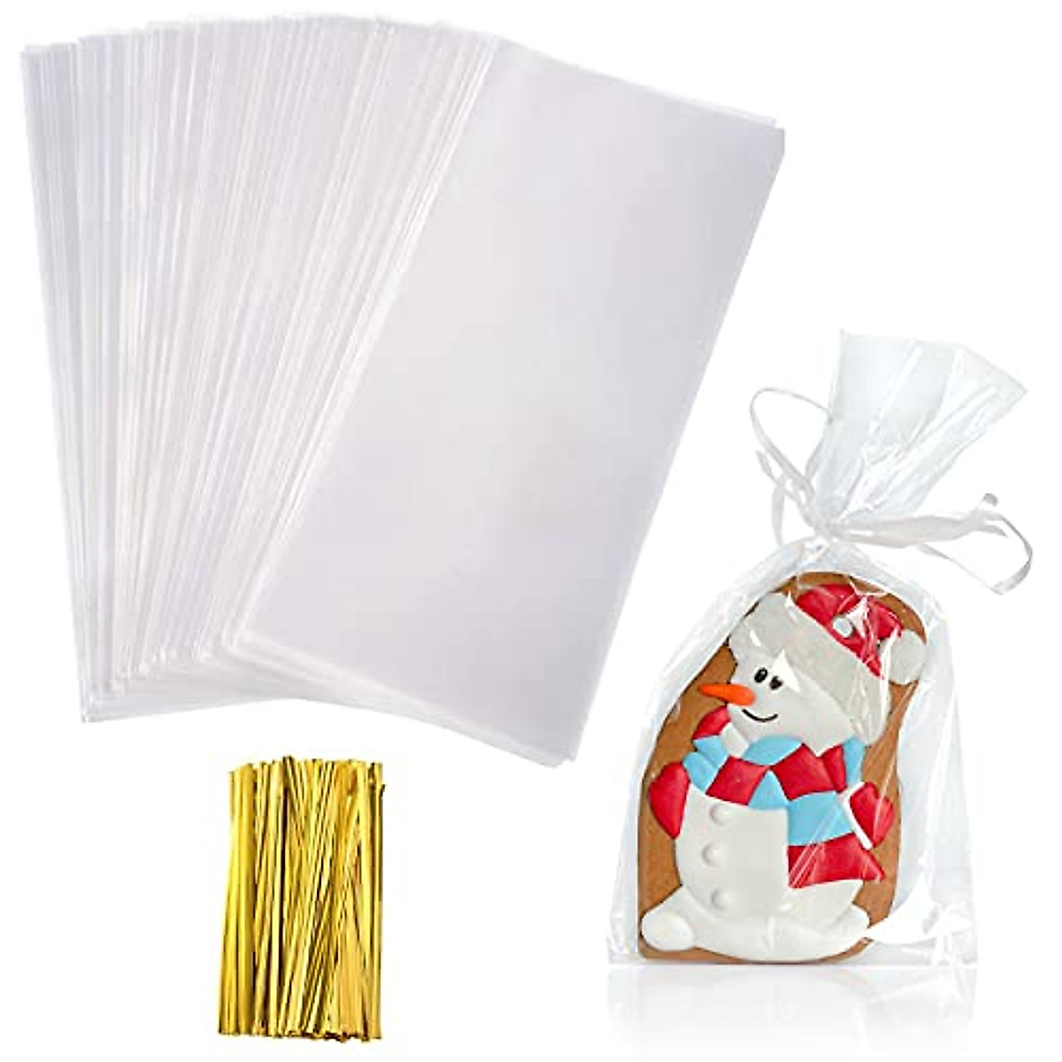 Yotelab Cellophane Treat Bags, 5x11 Inches Clear Cellophane Bags With Twist Ties 100 Pcs