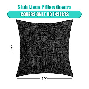 FULDGAENR Slub Linen Pillow Covers 12x12 Set of 2 for Couch Sofa, Black Rustic Woven Texture Farmhouse Decorative Throw Pillow Covers Sham Square 12 x 12 Inch Cushion Covers for Patio Home Decor