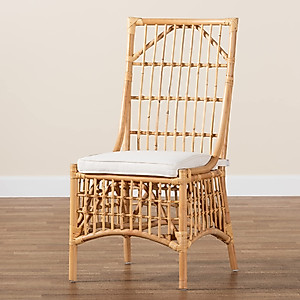 Baxton Studio Rose Dining Chair Dining Chair White Fabric Upholstered and Natural Brown Rattan Dining Chair