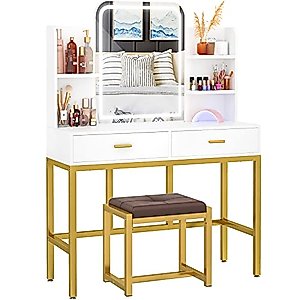 armocity Vanity Desk with Mirror and Light, Makeup Vanity with Cushioned Stool, Vanity Table Set with 3 Color Lighting Options, Modern Dressing Table with 2 Storage Drawers for Bedroom, White