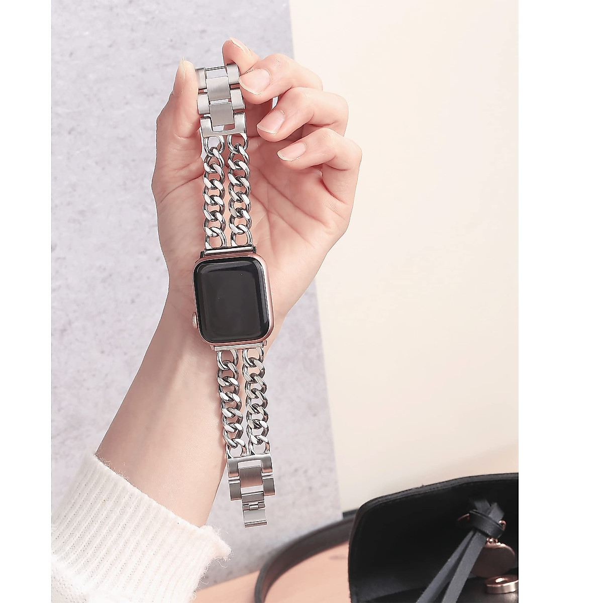 Secbolt Bands Compatible Apple Watch 38mm 40mm 41mm iWatch Series 9 8 7 6 5 4 3 2 1 SE Stainless Steel Chain Links Replacement Strap, Silver