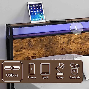 RIDFY Bed Frame with LED Lights and 2 USB Ports, Industrial Platform Bed Frame with 2-Tier Storage Headboard, Heavy Duty Camas/Noise Free/No Box Spring Needed/Brown (Full)