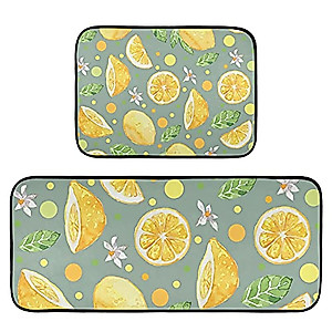 Emelivor Summer Lemon Fruit Floral Kitchen Rugs and Mats Set 2 Piece Non Slip Washable Runner Rug Set of 2 for Kitchen Floor Home Sink Ladunry Office