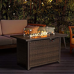 42 Inch Outdoor Propane Gas Fire Pit Table, 50,000 BTU Auto-Ignition Gas Firepit with Glass Wind Guard, Alloy Wood Grain Tabletop by HANLIKO-Brown