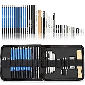KALOUR 33 Pieces Pro Drawing Kit Sketching Pencils Set,Portable Zippered Travel Case-Charcoal Pencils, Sketch Pencils, Charcoal Stick,Sharpener,Eraser.Art Supplies for Artists Beginner Adults Teens