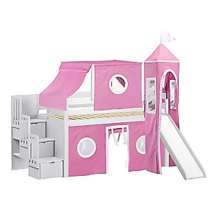 JACKPOT! Princess Low Loft Stairway Bed with Slide Pink & White Tent and Tower, Loft Bed, Twin, White