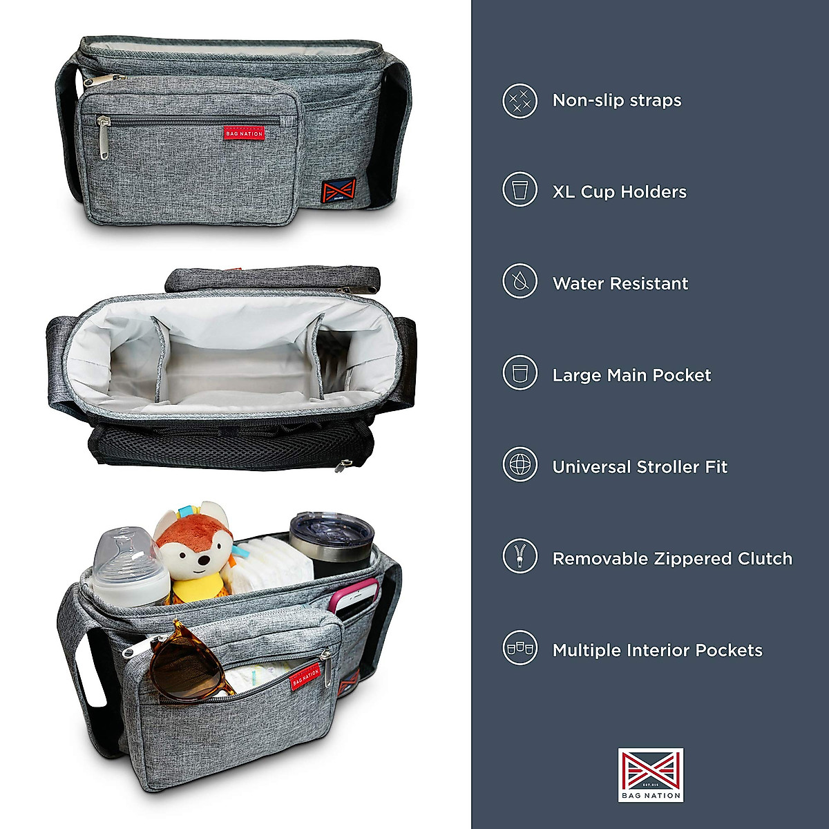 Bag Nation Universal Stroller Organizer Caddy Featuring Cup Holders, Large Main Pocket Compatible with Uppababy, Baby Jogger, Britax, Bugaboo, BOB, Umbrella and Pet Stroller - Grey