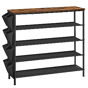 VASAGLE 5 Tier Extra Long Shoe Rack, 39.4 Inches Shoe Organizer with 8 Side Pockets, Shoe Shelf for Closet Entryway, with 4 Fabric Shelves, Steel Frame, Industrial, Rustic Brown and Black ULBS039B01