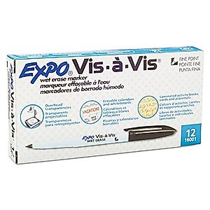 Expo Vis-A-Vis Wet-Erase Marker, Fine Point, Black Ink, Dozen (San16001)