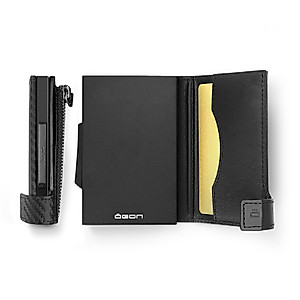 ÖGON -DESIGNS- Cascade Wallet for coins Automatic aluminum and leather Wallet - Compact metal RFID blocking card holder - Easy card access pop-up cards - Carbon Leather/Black Aluminium
