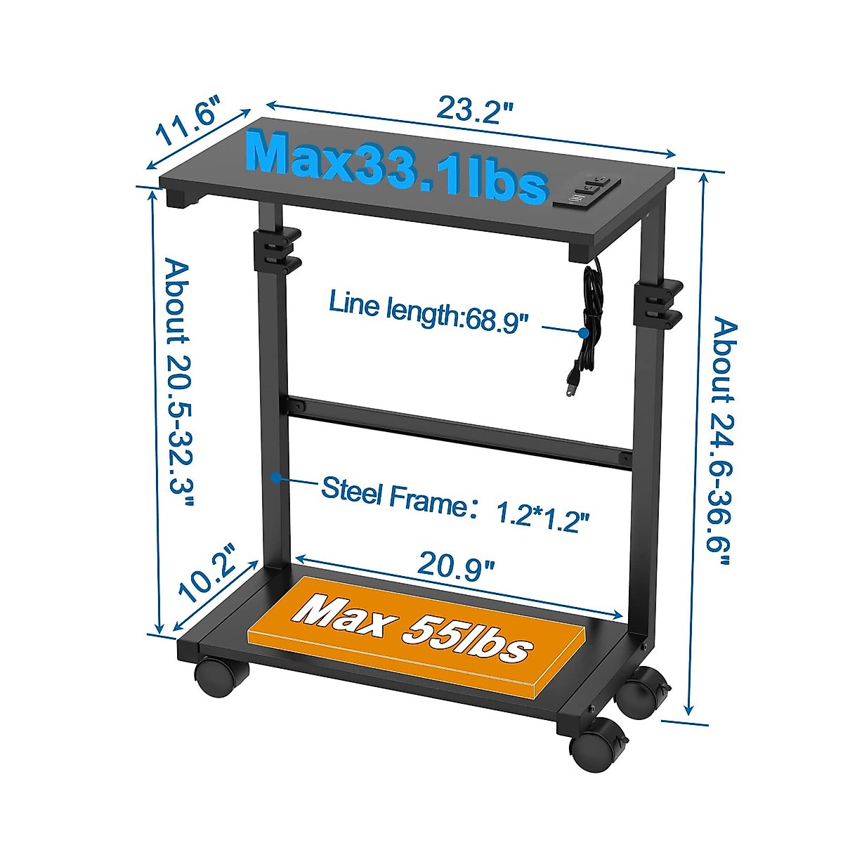 AQQEF Computer Tower Stand Stepless Height Adjustable Computer Tower Cart and PC Stand with Socket and USB Charging Port, Under Desk CPU Stand - 2 Tier