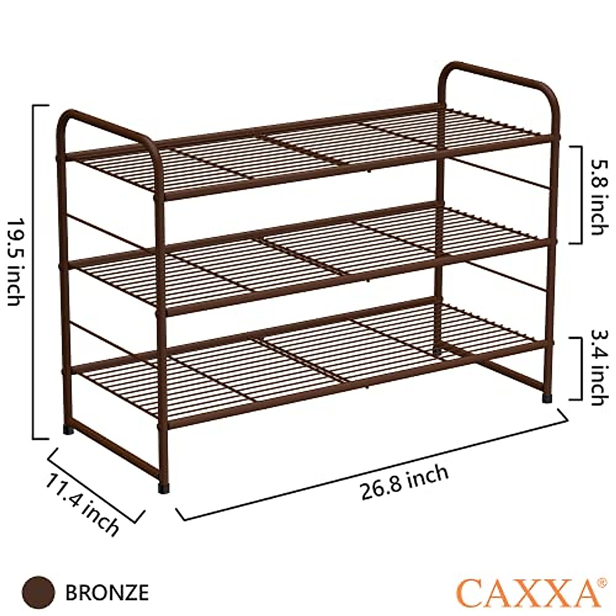 CAXXA Stackable and Expandable Shoe Rack, 3 Shelves Metal Wire Utility Rack, Bronze