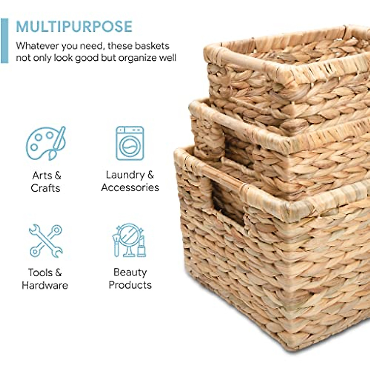 Wicker Baskets for Storage Organizing, Water Hyacinth Storage Baskets Rectangular with Wooden Handles for Shelves, Natural Wicker Storage Basket Bins - Set of Wicker Baskets for Home Organization