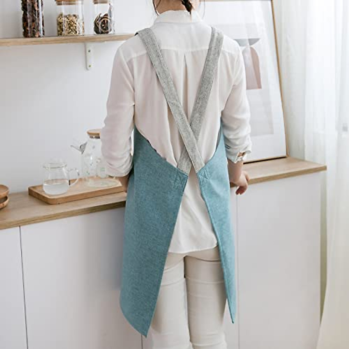 DXYAKY Cotton Apron for Women Cross Back Apron with Pockets for Kitchen Cooking No Tie Apron for Painting Gardening Cleaning