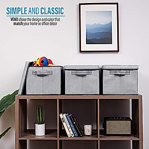 VENO Foldable Storage Bin with Lid, Sturdy Storage Box, Closet Organizer, Nursery Hamper, Collapsible Basket with Handle for Home, Bedroom, Playing Room, Office, Living Room (3-Pack, Jumbo, Gray)