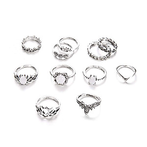 SEniutarm Engagement Love Rings Wedding Bands 11Pcs Women Jewelry Set Faux Opal Rhinestone Knuckle Stacking Joint Rings Band for Women/Girl Finger Rings DIY Jewelry Gifts - Antique Silver