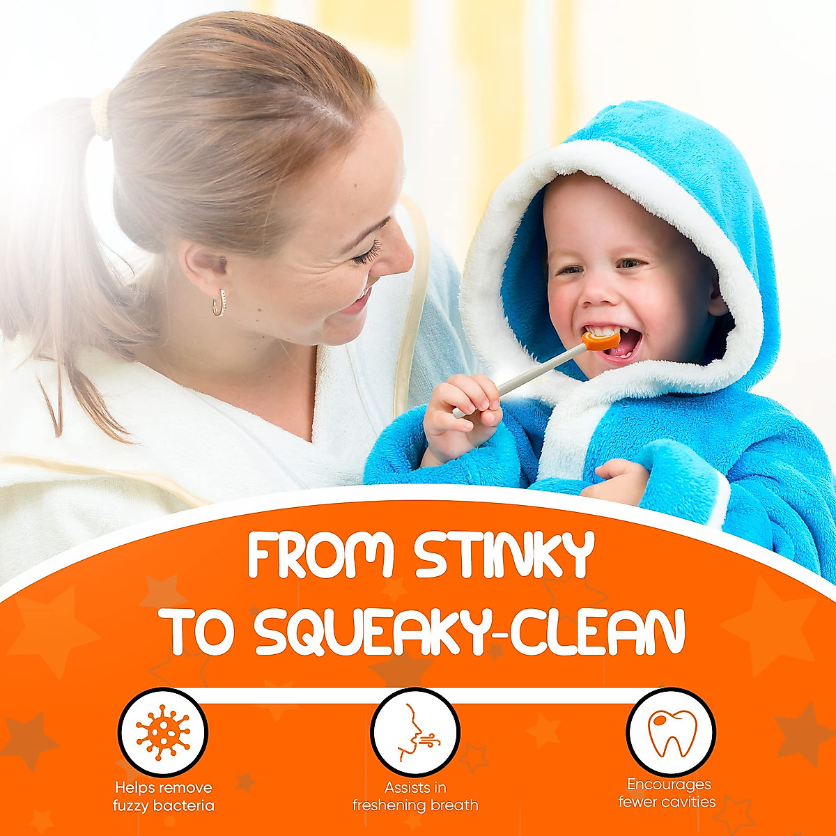 Kids Tongue Scraper or Cleaner Set – Pack of 4 BPA-Free Plastic Dental Scrapers Helps Freshen Bad Breath, Remove Gunk – Multicolored with Easy-to-Grasp Handles and Brush Covers by 55Dental, Ages 2+