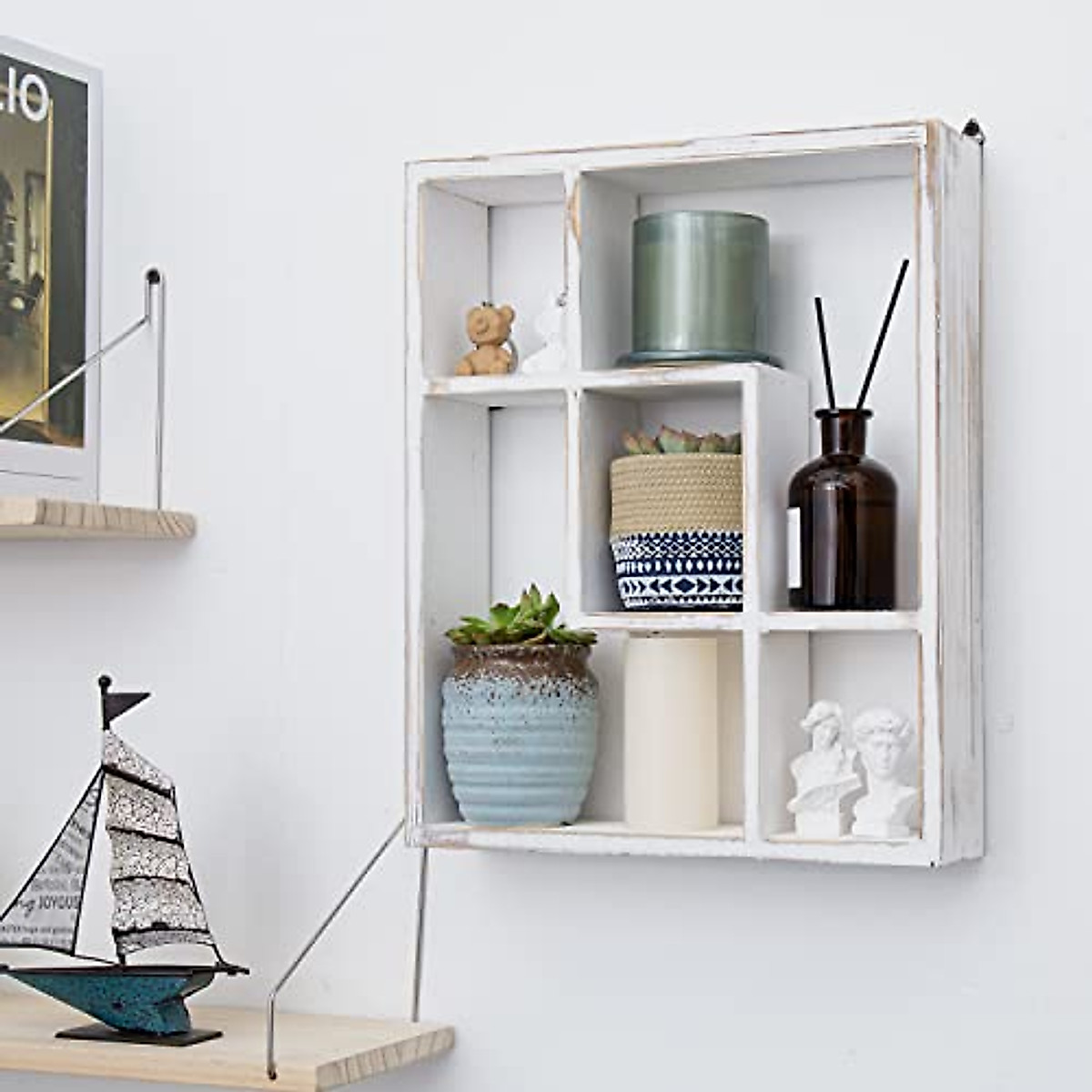 MyGift Wall Mounted Whitewashed Wood Collectible Display Cubby Shelf with 5 Compartments - Hang Vertical or Horizontal