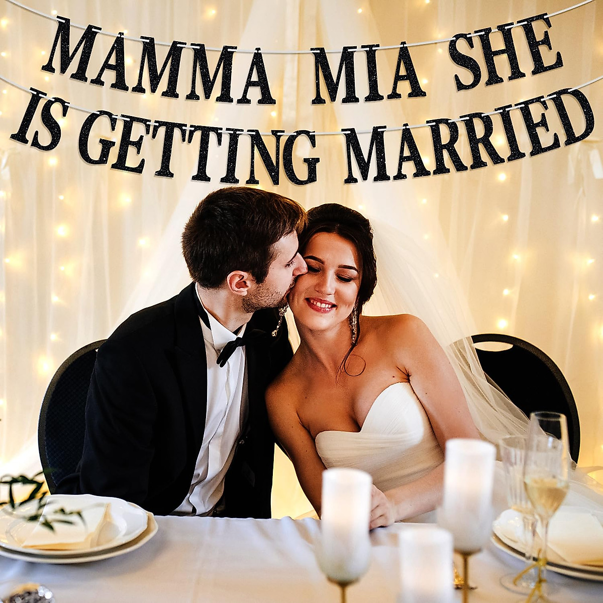 Mamma Mia She is Getting Married Banner, Newly Engaged/Wedding Gift for Bride, Engagement/Wedding/Brial Shower Party Decoration Supplies for Friends, Black Glitter