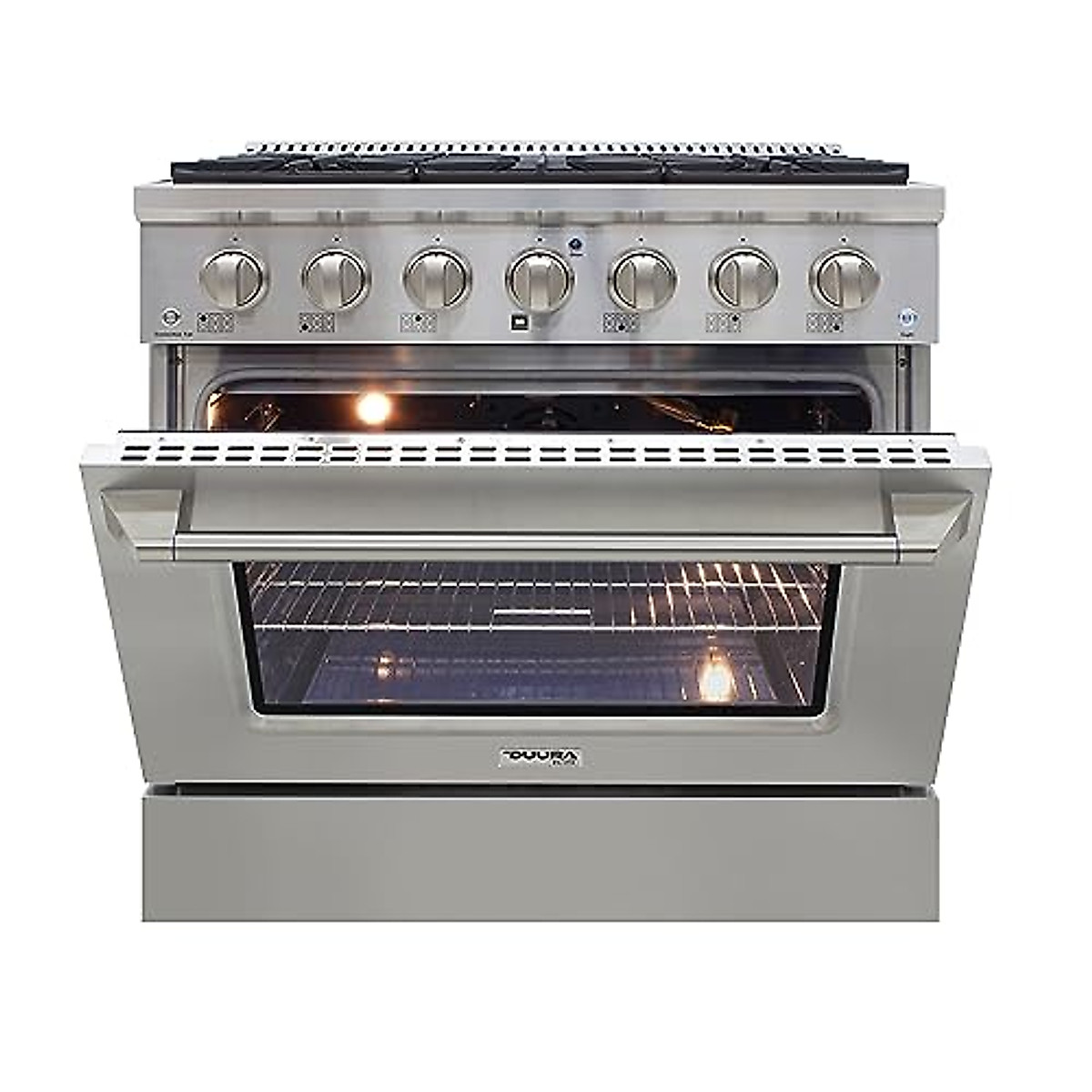 DUURA Elite DE360GRSSS Gas Range Cooktop 36-Inch with Porcelain Convection Oven and Broil Function, 6 Sealed Burners and Continuous Grates with Stainless Steel Construction, Silver