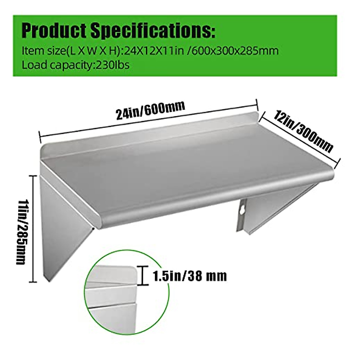 BouPower Stainless Steel Wall Shelf, 12'' x 24'', [NSF Certified] 230 lbs Load Heavy Duty Commercial Wall Mount Shelving, Metal Kitchen Rack for Restaurant, Home, Kitchen, Hotel, Laundry Room, Bar