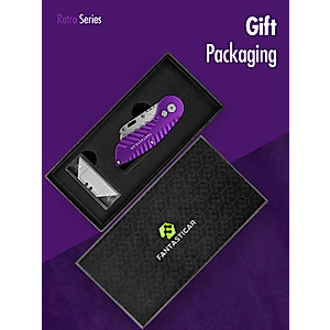 FantastiCAR Folding Utility Knife, Sturdy Metal Box Cutter with Extra 5 Blades, Quick Blade Change, and Preminium Gift Packaging, for Cardboard Opener, Paper Cutter (Retro Purple)