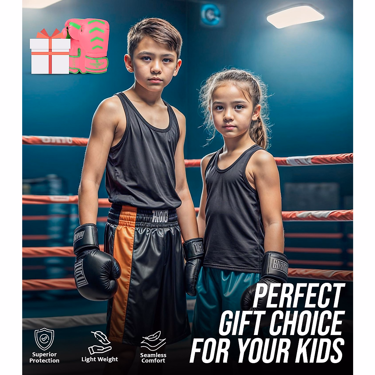 Exxact Sports Knockout Youth Boxing Gloves for Kids (3-15 Years) with Padded Protection and Wrist Support, Durable Engineered Leather Kids Boxing Gloves for Sparring (Pink/Green, 4 OZ)