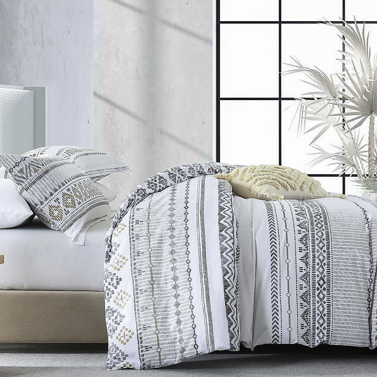 Y-PLWOMEN Duvet Cover Queen - 100% Cotton Duvet Cover Queen Size, 3 Pieces Aztec Geometric Duvet Cover Set, Soft and Breathable Bedding Duvet Covers for All Season, 90"x90", No Comforter