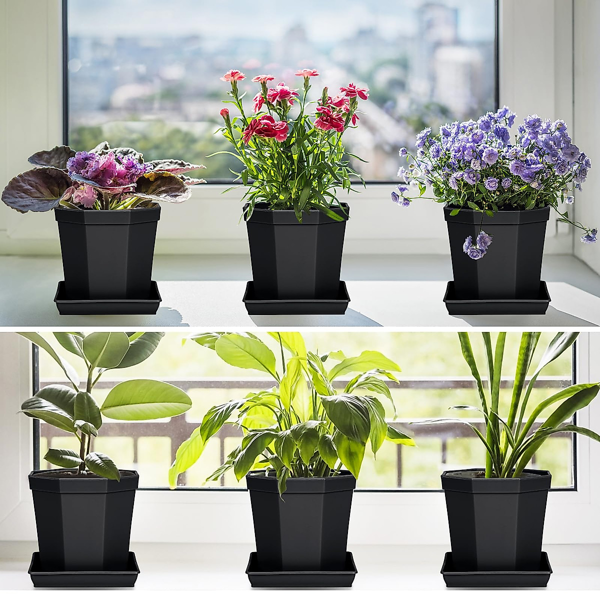 LWALRS Square Plant Saucer 6 8 10 12 14 16 18 20 Inch 5 Pack, Plastic Plant Saucers, Plant Water Dray Tray, Garden Planters for for Pots Base Indoors and Outdoors Plants（6 inch Black）