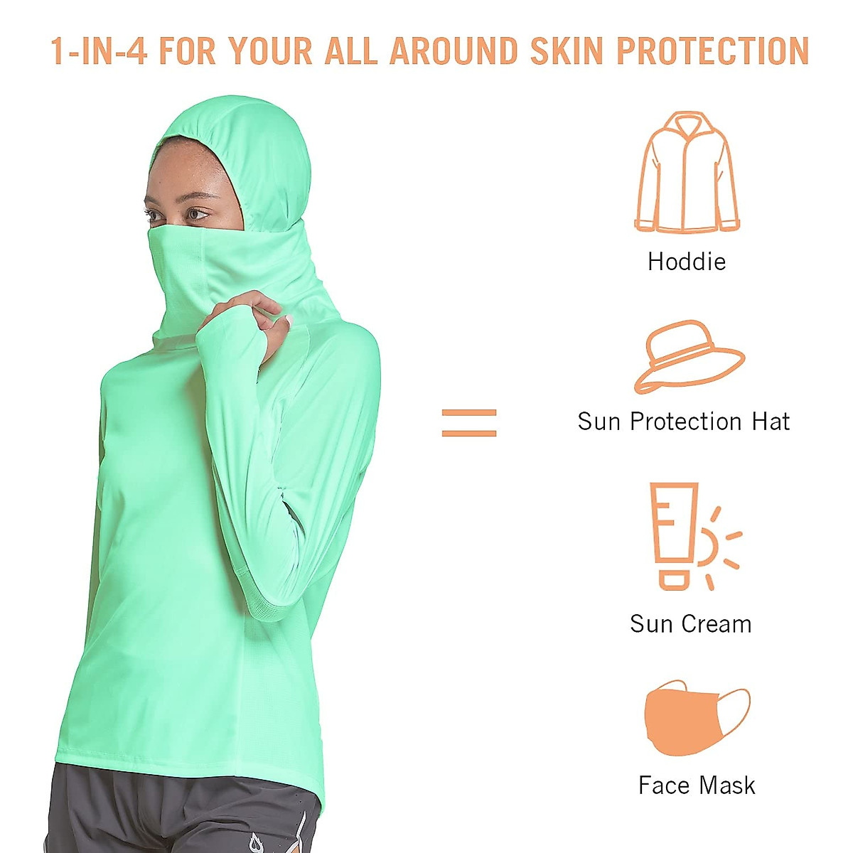 BALEAF Women's Hiking Long Sleeve Shirts with Face Cover Neck Gaiter UPF 50+ Lightweight Quick Dry SPF Fishing Running Hoddie Light Green Size L