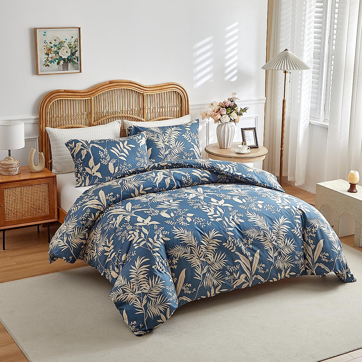OLDBIAO Botanical Duvet Cover Set King Size, 3 Pieces Blue Floral Leaf Pattern Bedding Set with 2 Pillow Shams, Farmhouse Style Soft Microfiber Comforter Cover Set for All Season Use