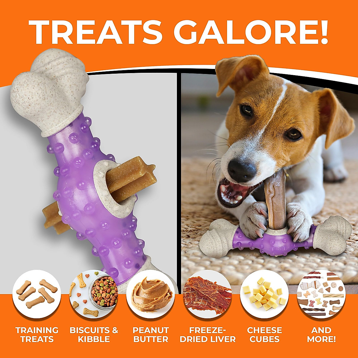 AXIOM CREATIONS Interactive Dog Toy for Small Breeds - 6x2” Bone Shaped Puppy Chew Toys for Teething - Pet Safe Wheat Straw Fiber Material with Treat Holder (Purple)